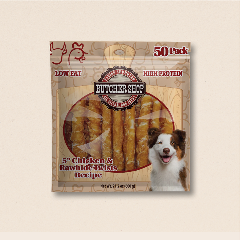 Butcher Shop 5" Chicken & Rawhide Twists 50-Pk – LovinTendersTreats